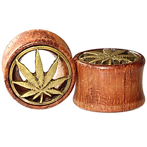 18mm 11/16" Brass Pot Leaf Marijuana Organic Wood Flesh Tunnels Double Flared Ear Stretcher Saddle Plugs Gauge
