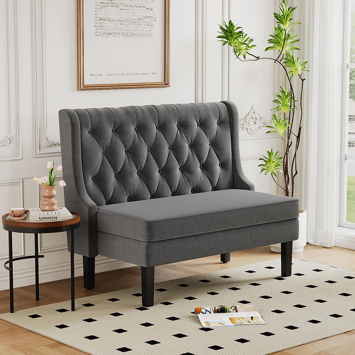 Andeworld Modern Loveseat Settee Button Tufted Sofa Couch Upholstered Banquette Dining Bench Living Room Funiture,Grey