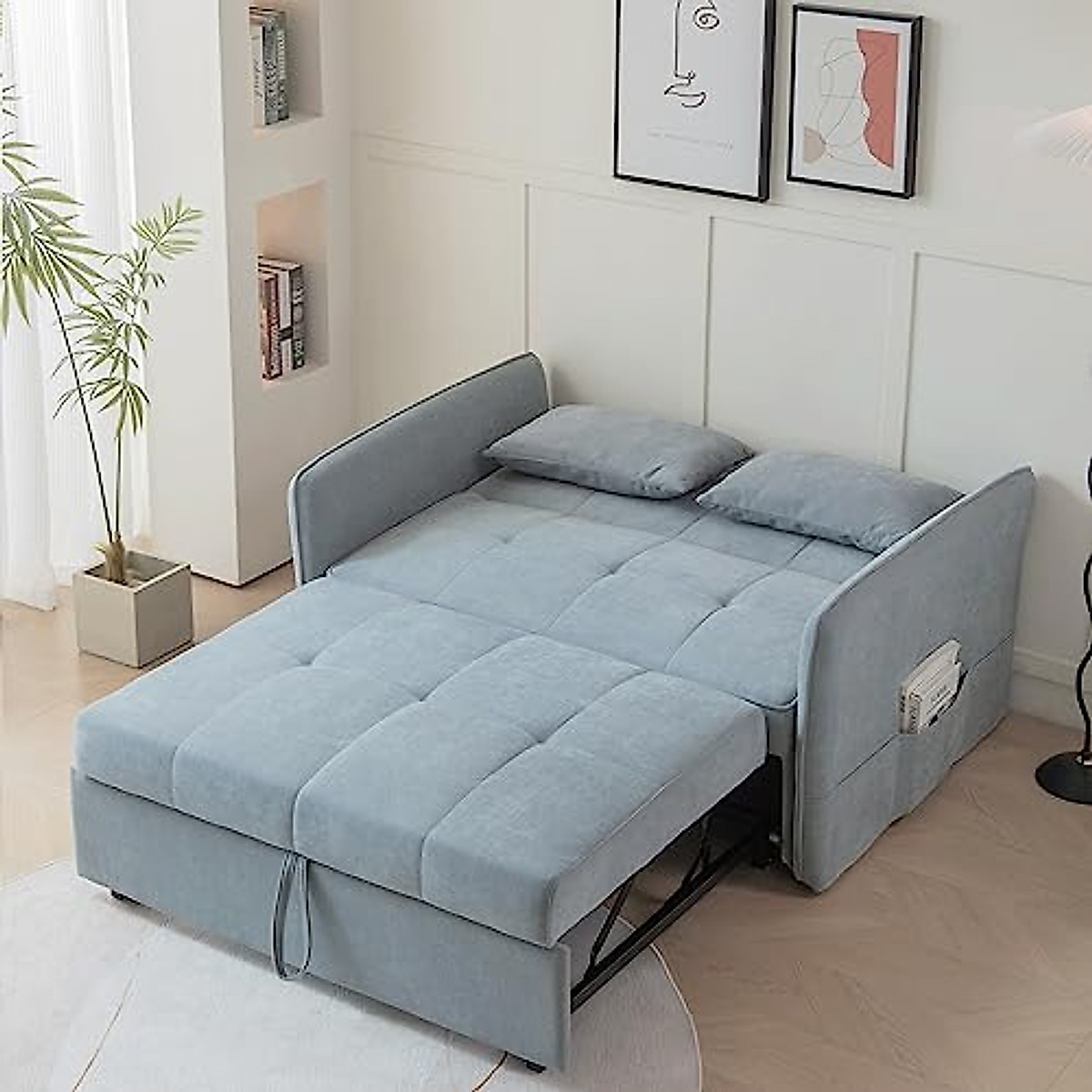 COULDWILL Convertible Sleeper Sofa Bed 3 in 1 Loveseat Couch Linen Small Sofa with Pull-Out Bed, Adjustable Backrest and Side Pockets for Living Room, Bedroom, Studio(Grey)