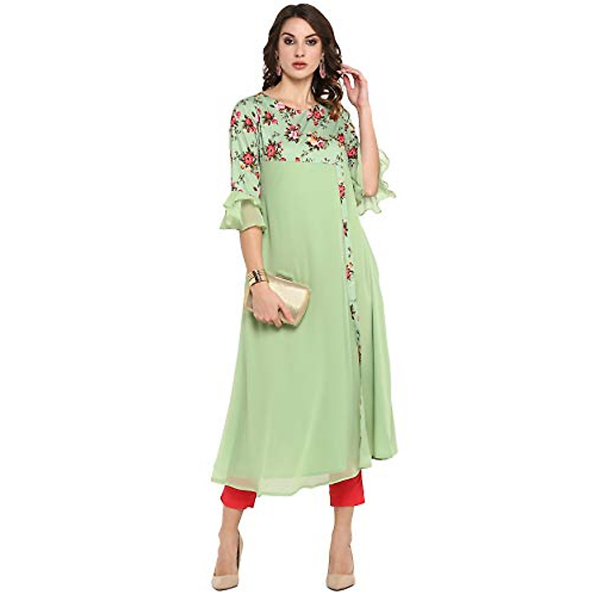 Janasya Indian Women's Light Green Poly Crepe Kurta(JNE3368-KR-XL)