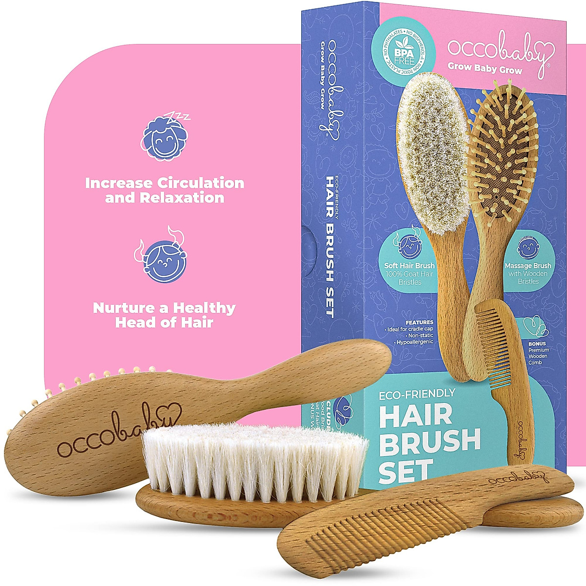 OCCObaby Wooden Baby Hair Brush Set for Newborns & Toddlers - Soft Hair Brush for Baby Grooming - Baby Scalp Brush and Baby Comb for Cradle Cap - Toddler Comb