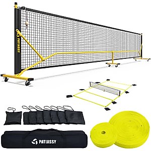 Patiassy Pickleball Net Set with Wheels and Pickleball Court Marking Kit 22 FT Regulation Size Portable Pickleball Nets with Net Tension Adjuster, 8 Sandbags for Outdoor Indoor Driveway