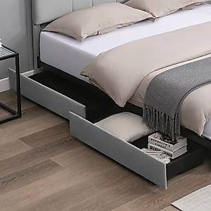 ZAFLY Platform California King Size Bed Frame with Adjustable Headboard,Upholstered Cal King Bed Frame with 4 Storage Drawers,Wooden Slats Support,No Box Spring Needed,Easy Assembly (Light Grey)