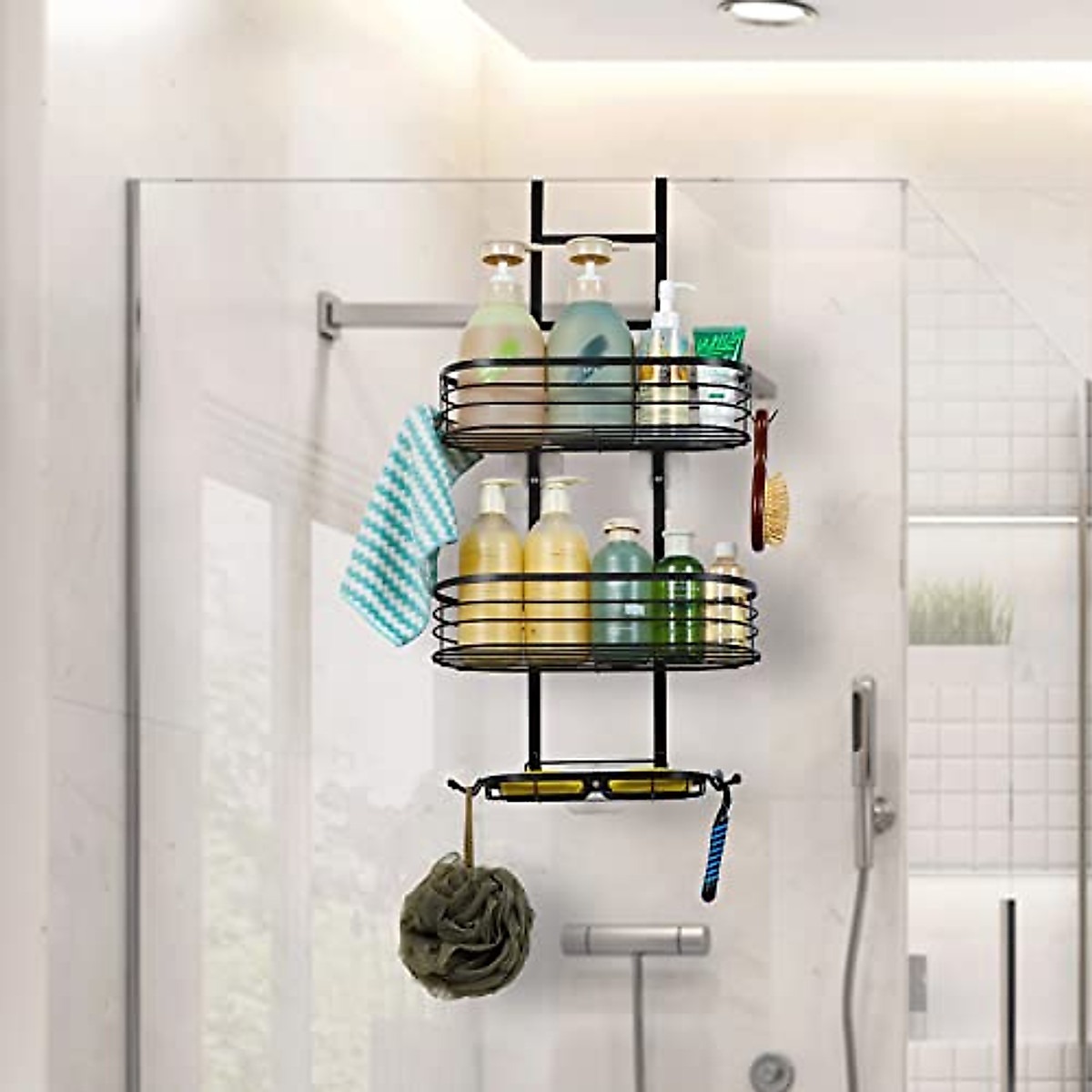 Fogein Over the Door Shower Caddy, 3 Tier Hanging Organizer Shelf Rustproof, Shower Basket with Suction Cup, Bathroom Shower Caddy Over The Door with Hook & Soap Box, No Drilling(Black)