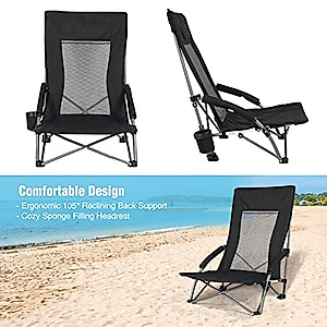 REDCAMP High Back Beach Chairs for Adults, Oversided Folding Low Beach Chairs for Concerts, Lightweight Portable for Camping Backpacking Outdoor Sports Events, Black