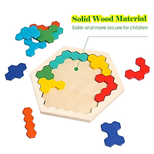 USATDD Wooden Hexagon Puzzle for Kid Adult Brain Teaser Puzzles Challenge Toy Shape Pattern Blocks Tangram Geometry Logic IQ Games STEM Montessori Educational Gift for 4-8 Boys Girls