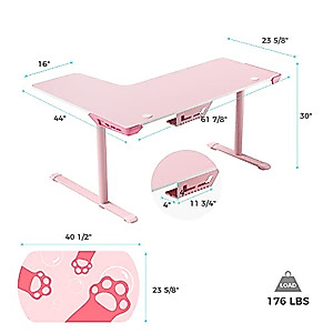 EUREKA ERGONOMIC L60 Gaming Desk L Shaped, 60 Inch Large Pink Computer Table Home Office Corner Study Writing Modern Workstation w Mouse Pad Cable Management, Space Saving, Gift for Girl Female, Right