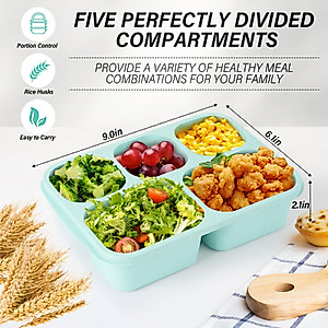EWVVSS 4 Pack Bento Snack Box 5-Compartment Snack Containers Reusable Wheat Straw Divided Lunch Container for Adults & Kids for School, Work, Travel, Family Picnics