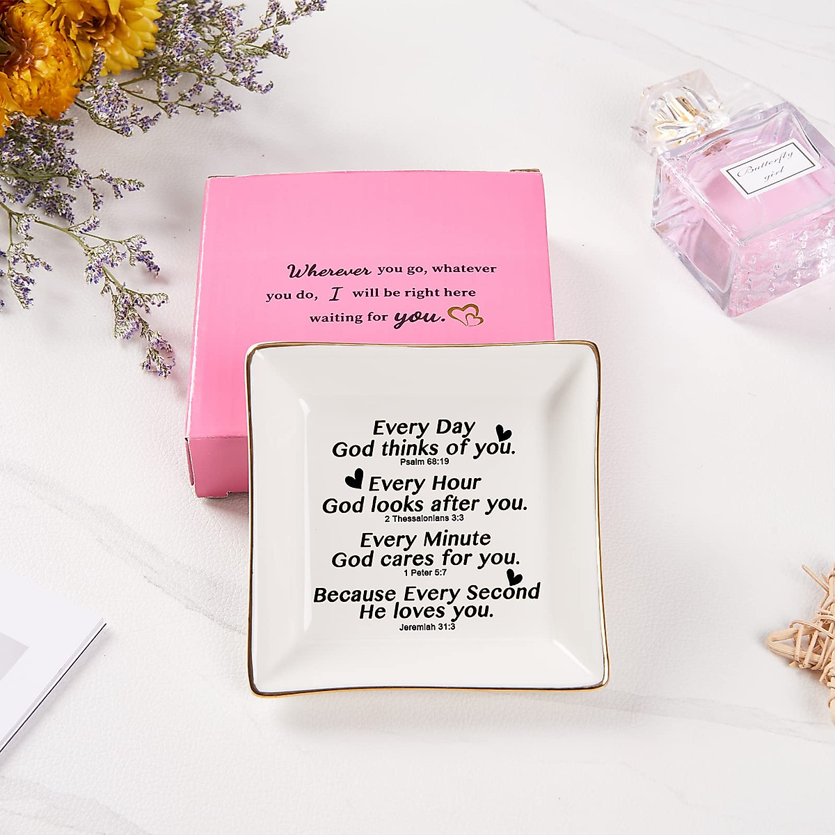 Spegiffu Christian Gifts for Women Faith Jewelry Dish with Bible Verse Prayers, Religious Gifts Scripture Gifts Spiritual Gifts for Women Men Friends Birthday - Every Second God He Loves You