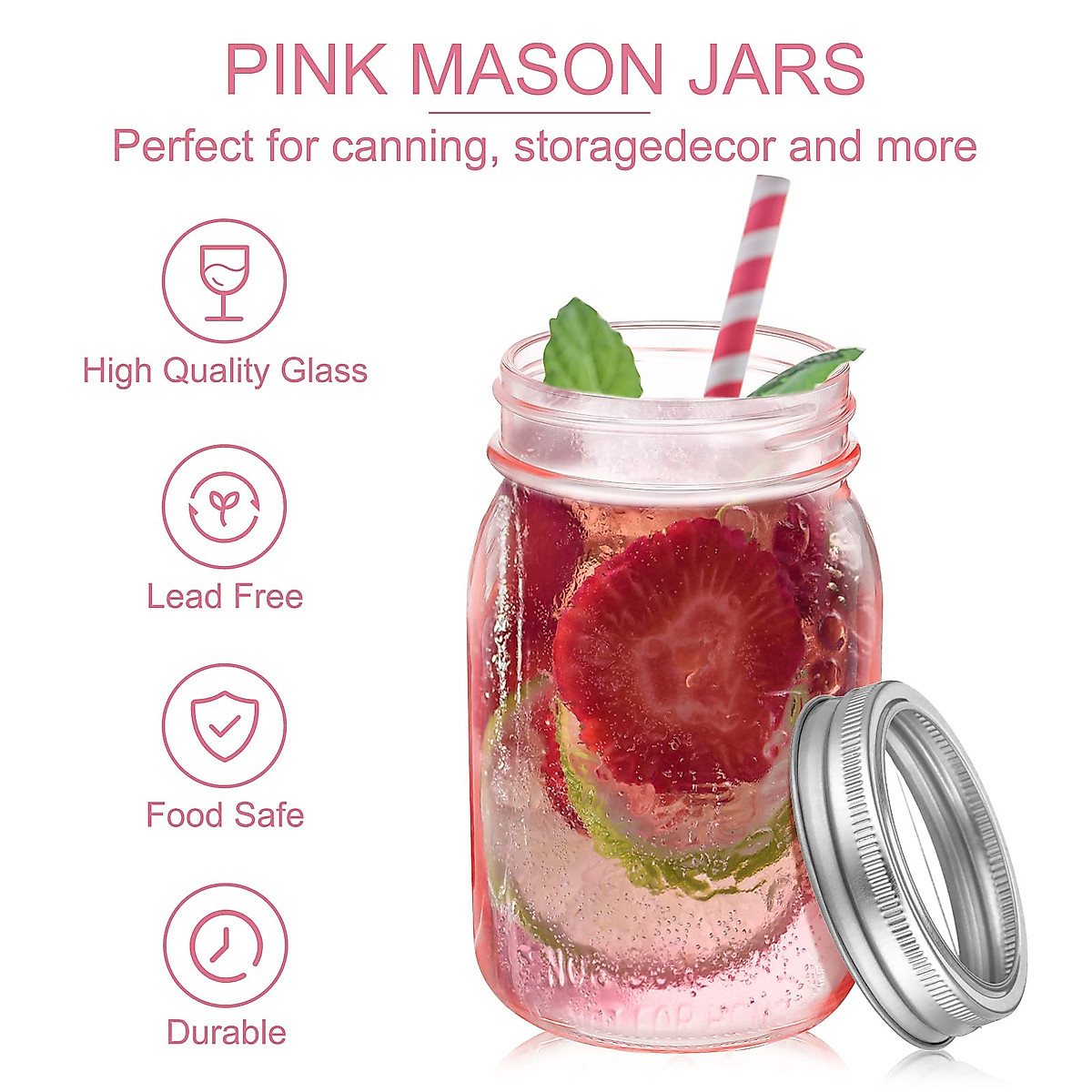 Mimorou 10 Pack 16 oz Pink Mason Canning Jars with Lids Regular Mouth Pint Vintage Colored Ball Cans for Preserving Honey Jelly Sauces Spice DIY Jars, Pink, Silver