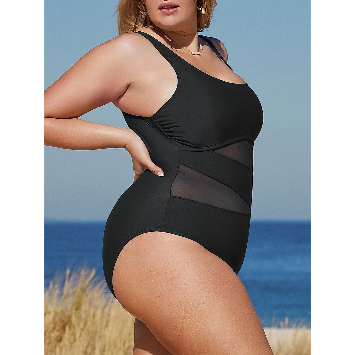 CUPSHE Women's Plus Size Swimsuit One Piece Bathing Suit Mesh Removable Straps Swimwear 1X Black