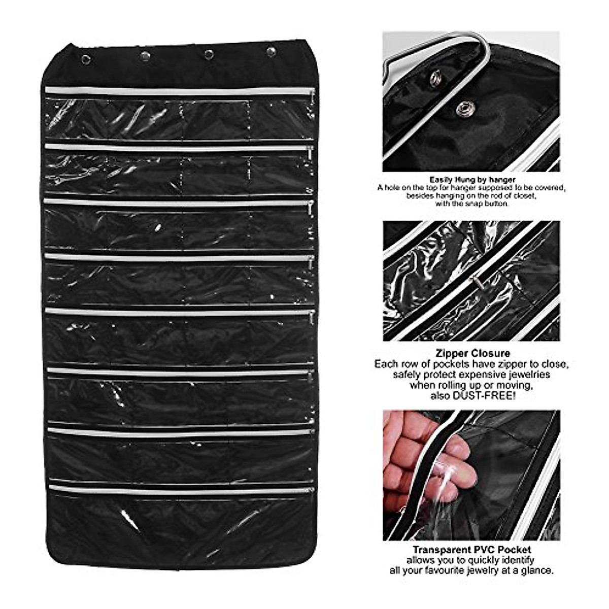 56 Pockets Large Zippered Dual Sided Jewelry Hanging Organizer Necklace Earrings Bracelets Rings Accessories Storage Bag Wall Mounted Door Cabinet Hanger Holder Clear Pouch Display Foldable for Travel