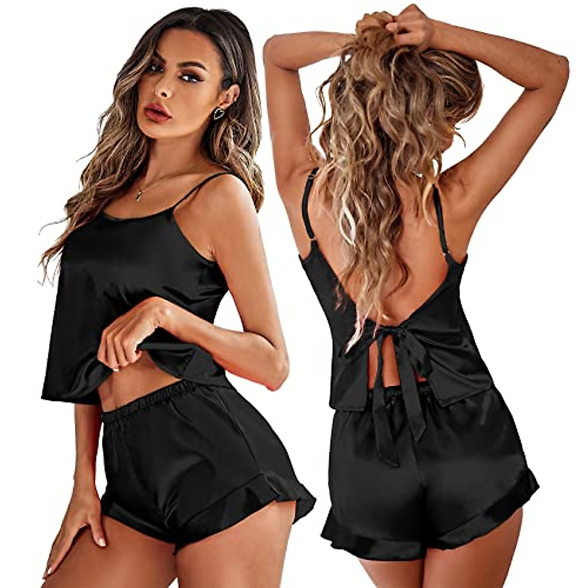 Ekouaer Silk Pajamas Set Women Satin Camisole Backless Sleepwear 2 Piece Pjs Cami Top and Shorts Nightwear Black