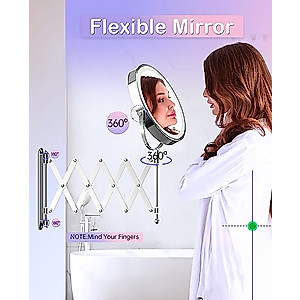 Rechargeable Wall Mounted Lighted Makeup Mirror, 1X/10X Magnifying Mirror with 3 Light Settings, 8 Inch 360° Swivel Extendable Bathroom Mirror, Double Sided Telescoping Mesh Vanity Mirror - Chrome