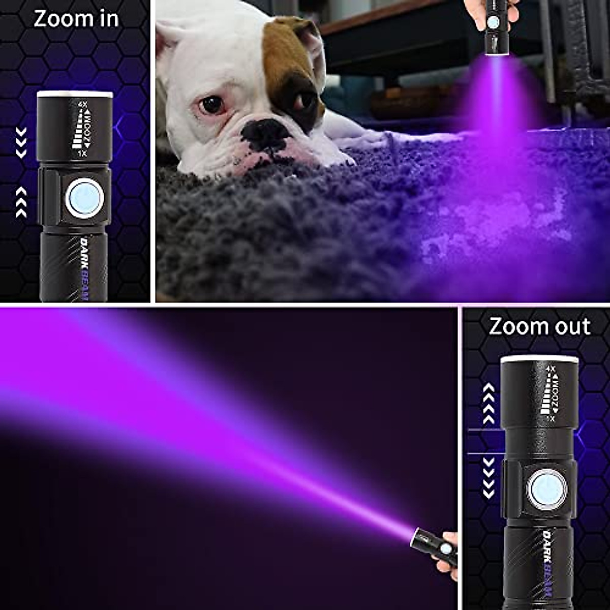 DARKBEAM UV Light Rechargeable USB Flashlight 395nm Blacklight Ultraviolet Wood's Lamp LED Portable Mini Handheld Pocket Torch Detector for Dog Urine Pet Stains Anti-counterfeiting, Resin Curing