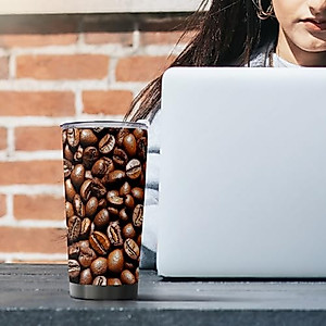 QWEUIOP 20oz Insulated Travel Coffee Mug Coffee Beans Pattern Stainless Steel Tumbler with Lid Double Wall Vacuum Coffee Cup For Hot and Cold Drinks14113