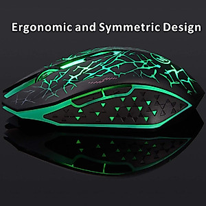 TENMOS K6 Wireless Gaming Mouse, Rechargeable Silent LED Optical Computer Mice with USB Receiver, 3 Adjustable DPI level and 6 Buttons, Auto Sleeping Compatible Laptop/PC/Notebook (green light)