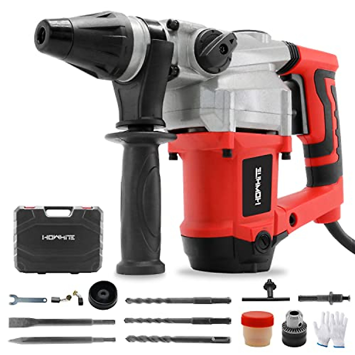 1-1/4 Inch SDS-Plus 13 Amp Heavy Duty Rotary Hammer Drill 3 Functions with Vibration Control Including Grease, Chisels and Drill Bits with Case, Gloves and Carrying Case
