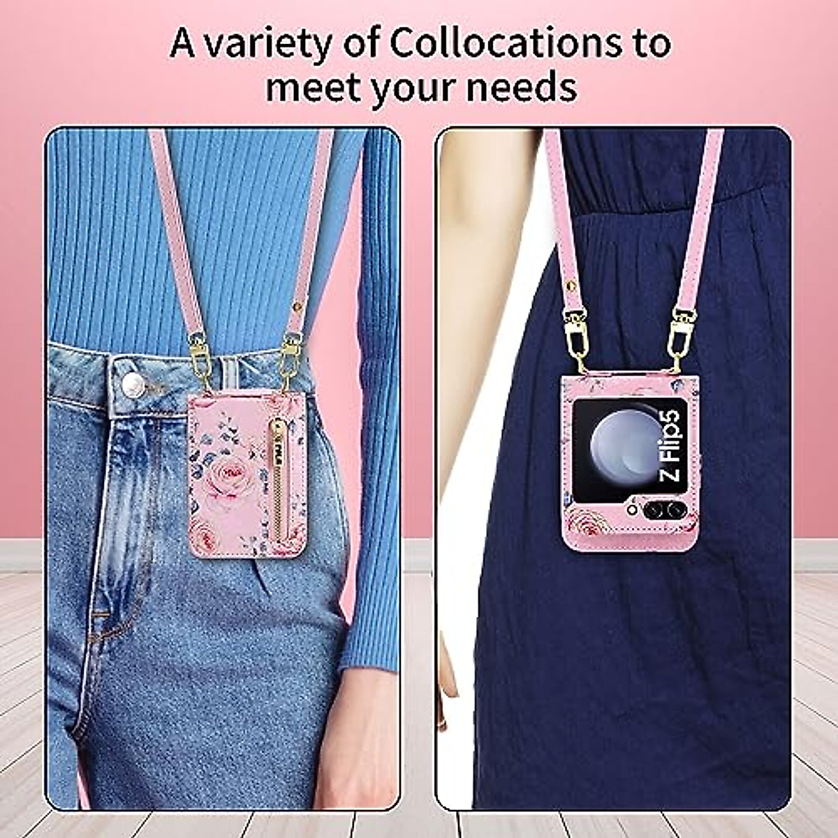 EAXER for Samsung Galaxy Z Flip 5 Case, Shockproof Women Rose Flower with Crossbody Strap Wallet Leather Stand Case Cover (Pink)