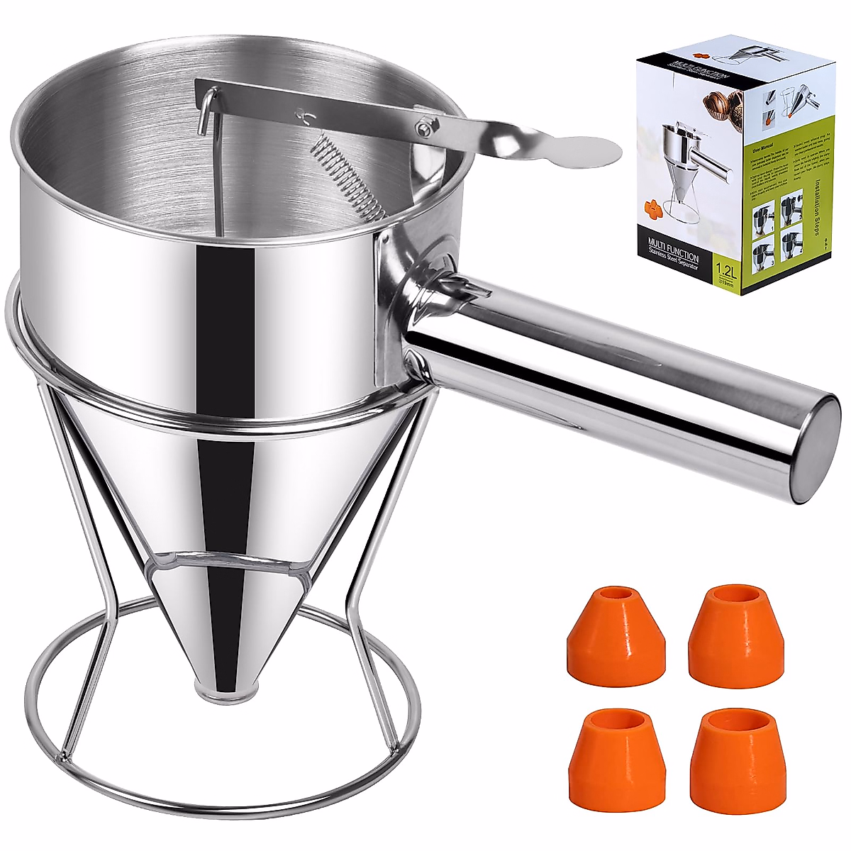 Pancake Batter Dispenser 40 OZ, Multi-Caliber Stainless Steel Funnel Cake Dispenser with Stand Great for Pancakes, Cupcakes and Baked Goods