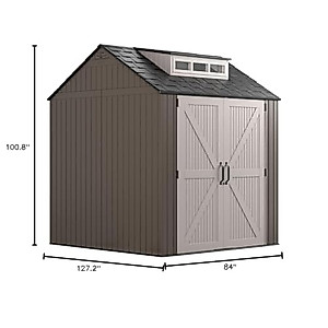 Rubbermaid Large Resin Outdoor Storage Shed With Floor (7 x 7 Ft.), Weather Resistant, Brown, Organization for Home/Lawn Mower/Backyard Equipment/Bike Storage/Pool Supplies