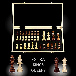 ASNEY Upgraded Magnetic Chess Set, 15" Tournament Staunton Wooden Chess Board Game Set with Crafted Chesspiece & Storage Slots for Kids Adult, Includes Extra Kings, Queens & Carry Bag (15“)