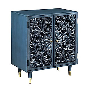 LALUZ Double Door Accent Storage Cabinet Buffet Cabinet Sideboard for Living Room Modern Hollow Carved Wood, Blue 30 Inch