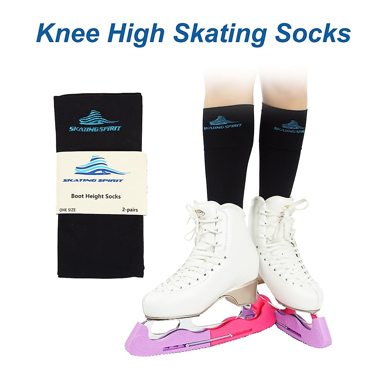SkatingSpirit Figure Skating Socks (2 Pairs), Knee high, Extra wide cuff band non-slipping (Beige)