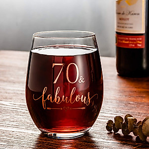 Crisky Rose Gold 70 & Fabulous Wine Glass for Women 70th Birthday Gifts Funny Ideas for Women, Wife, Mom, Sister, Aunt, Friends, Coworker, Her Rose Gold Foil 70 & Fabulous 14oz, with Box