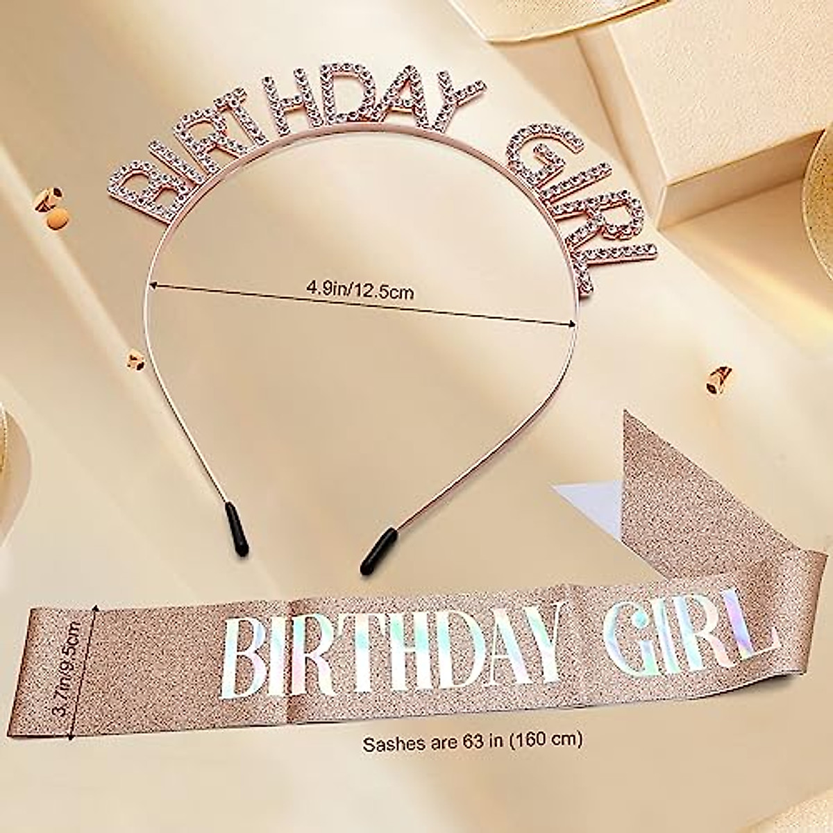 PAPARELA Birthday Crown Rose Gold Birthday Sash Rhinestone Tiara Set for Girl Headband Princess Crowns for Birthday Party Pageant Gifts for Women