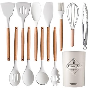 12 pcs Silicone Cooking Utensils Kitchen Utensil Set with Holder Heat Resistant Silicone Spatula Turner Set Wooden Spoons Kitchen Gadgets Tools Cooking Utensils for Nonstick Cookware (White)