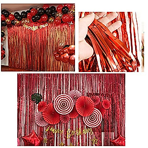 2 Pack 3.2 ft x 8.2 ft Red Tinsel Foil Fringe Curtains Backdrop, Sparkle Fringe Curtains for Party Photo Background Decoration