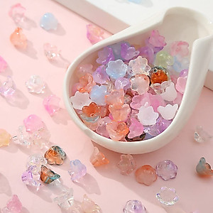 LadayPoa 100pcs Glass Bellflower Beads for Jewelry Making Mixed Color Trumpet Flower Beads Gradient Clear Cute Beads for Bracelets Making Aesthetic Beads Charms for DIY Necklace Decoration Gifts