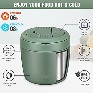 wiwens Thermo Food Jar for Hot Food Adults 32OZ Soup Thermo Lunch Containers Wide Mouth Vacuum Insulated Stainless Steel Leakproof Bento Box with Spoon (Green)