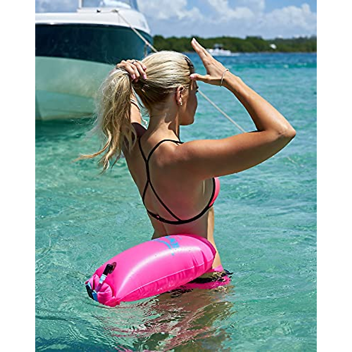 New Wave Swim Buoy for Open Water Swimmers, Triathletes and just Your Swim Buddies - Tow Float for Safe Swim Training, Kayaking & Snorkeling (Pink PVC Medium-15L)