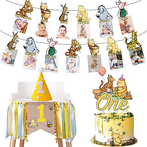 Classic Winnie 1st Birthday Party Decorations, Vintage Winnie First Birthday Photo Banner, First Birthday Hat, The Pooh High Chair Banner, Vintage The Pooh Cake Topper Party Supplies 1st Birthday