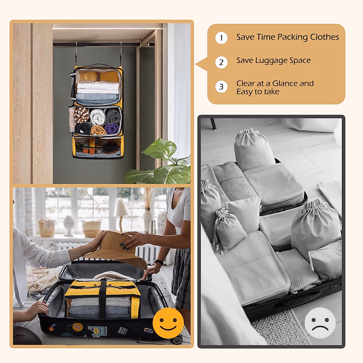 Surblue Hanging Shelves Travel Compression Packing Cube for Carry-on Luggage Suitcase Collapsible Transformable Garment Closet Organizers Large Capacity, Yellow, XL