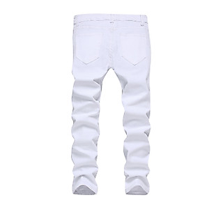 Boy's White Slim Fit Skinny Jeans Ripped Elastic Waist Pants with Zipper for Kids,White,14 Slim