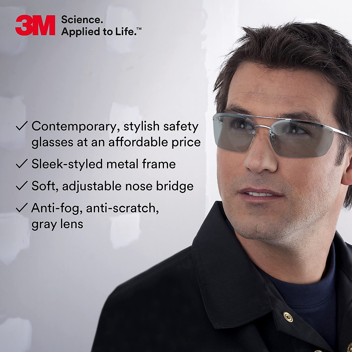 3M Safety Glasses, Metaliks, ANSI Z87, Anti-Fog, Gray Lens, Polished Metal Frame, Adjustable Bridge
