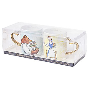 Silver Buffalo Disney Princess Beauty and the Beast Don't Mind the Books Gold Heart Shaped Handle 2 Pack Ceramic Mug Set, 14 Ounces