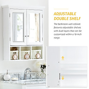 VKTO Bathroom Wall Cabinet with Mirrors,Wall-Mounted Storage Organizer Over Toilet with 3 Storage Baskets and 2 Adjustable Shelves, Bathroom Mirror Medicine Cabinet for Bathroom, Kitchen,White