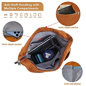 Corduroy Tote Bag for Women, Tote Bag with Zipper Large Capacity Shoulder Bag with Inner Pocket Handbag for Travel, Khaki