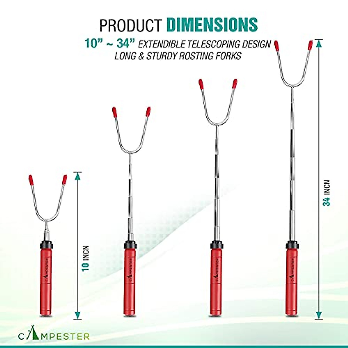 Campester Marshmallow Roasting Sticks with Wooden Handles, Set of 5 Telescopic Smores Skewers for fire Pit, Camping and Grilling, 34 inch extendable Stainless Steel Forks for Hot Dogs and Meat