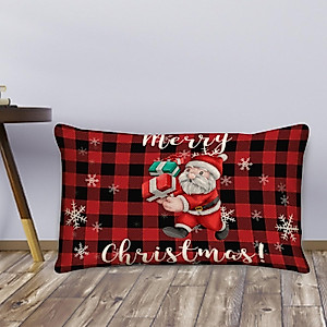 Farmhouse Cotton Linen Cushion Cover with Zipper 14x24in Red and Black Buffalo Plaid Merry Christmas Santa Claus Pillow Case Throw Pillow Cover for Living Room Bedroom Decor Xmas Gifts for Friend