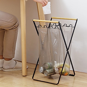 Collapsible Sturdy Trash Bag Holder Wood Iron Material Foldable Garbage Can Stand Home Outdoor Bin (Black)