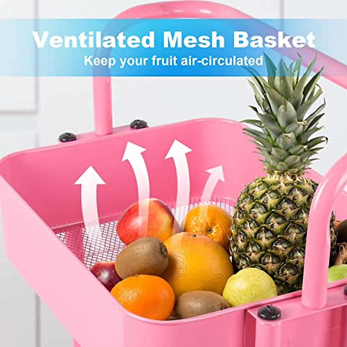 Homchwell Metal 3 Tier Utility Cart, Mesh Rolling Cart Organizer with Handle & Lockable Wheels, Multi-Functional Rolling Storage Cart for Kitchen, Bathroom, Living Room and Office