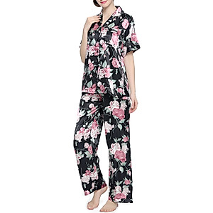Lavenderi Women's Short Sleeve Classic Satin Pajama Set（Large,Black Floral Print