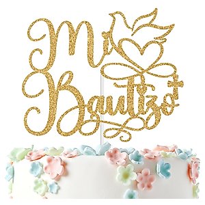 Mi Bautizo Cake Topper, Spanish First Holy Communion, My Baptism Day, Bridal Shower/Wedding/Baptism/Christening Baby Shower Party Decorations, Gold Glitter