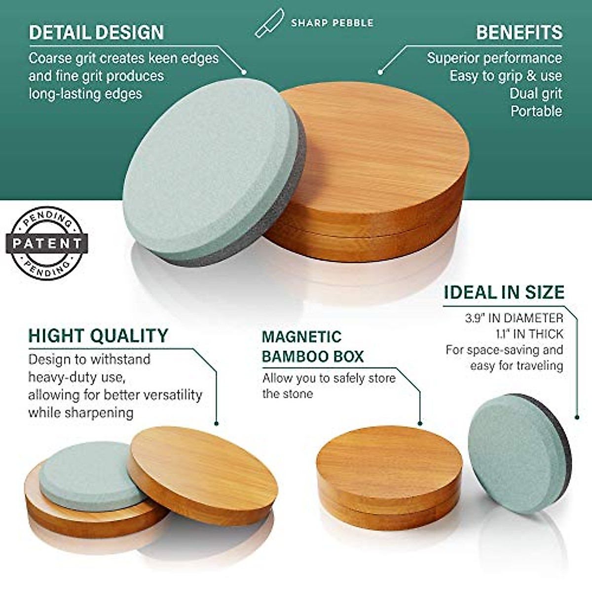 Sharp Pebble Puck/Disk - Axe/Hatchet Large Sharpening Stone- Whetstone Blade & Tool Sharpener- Dual Grit Multipurpose Waterstone Sharpener with Bamboo Box