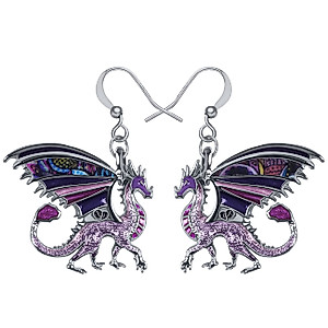 Enamel Alloy Dinosaur Fantasy Dragon Earrings Drop Dangle Unique Animal Jewelry for Women Dragons Gifts (Orchid Purple)
